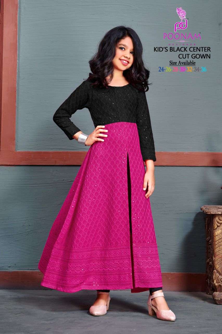 KID’S BLACK CENTER CUT GOWN BY POONAM DESIGNER BRAND RAYON PURE CHIKAN ...