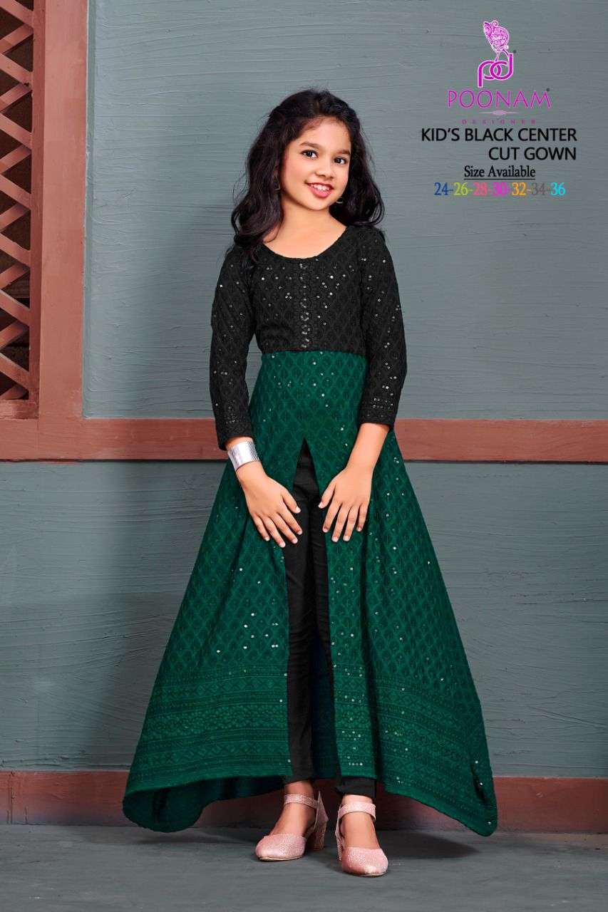 KID’S BLACK CENTER CUT GOWN BY POONAM DESIGNER BRAND RAYON PURE CHIKAN ...